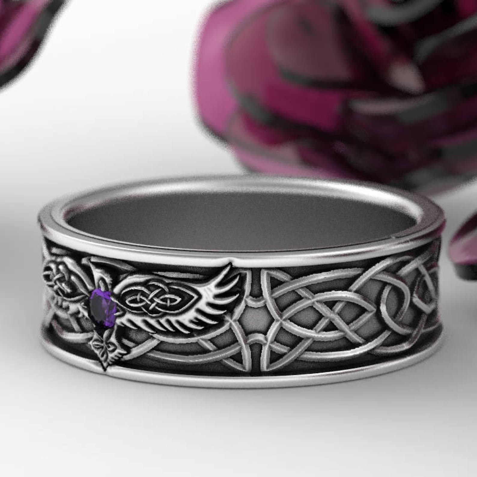 Sterling Silver Raven Ring Amethyst Silver Ring Mens Celtic | Etsy
