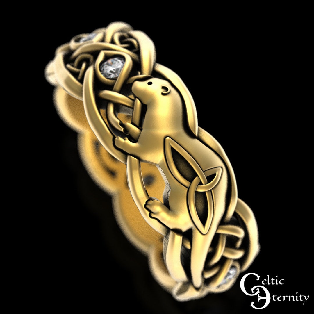 10K 14K Gold Otter Ring, Moissanite Otter Celtic Wedding Band, Celtic ...