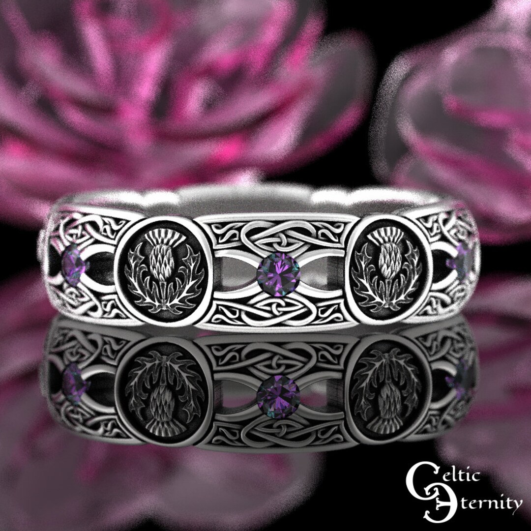 Alexandrite Scottish Thistle Wedding Ring, Sterling Celtic Thistle Ring, Women Alexandrite ...