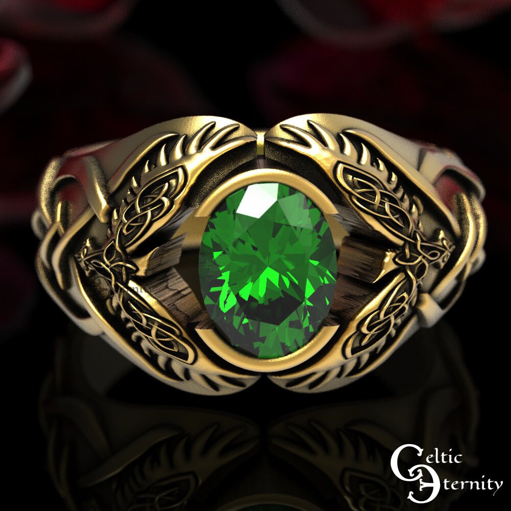 Emerald Celtic Ring, Mens Gold Raven Ring, Odin Raven Ring, Men Viking ...
