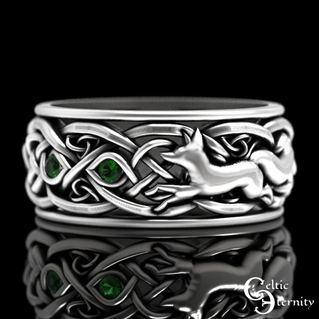 Mens Fox Ring, Emerald Fox Wedding Ring, Sterling Fox Wedding Ring ...