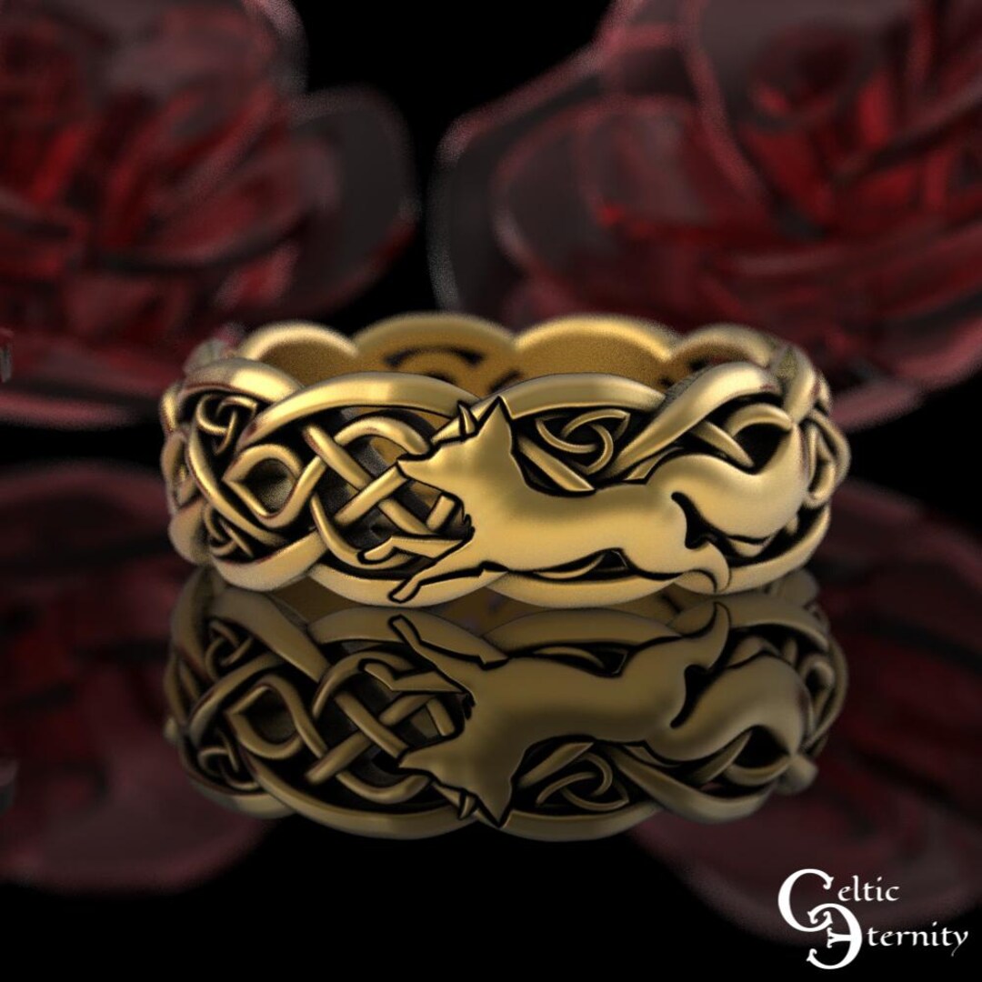 Gold Bridal Fox Wedding Band, 10K Gold Celtic Fox Ring, 10K White Gold ...