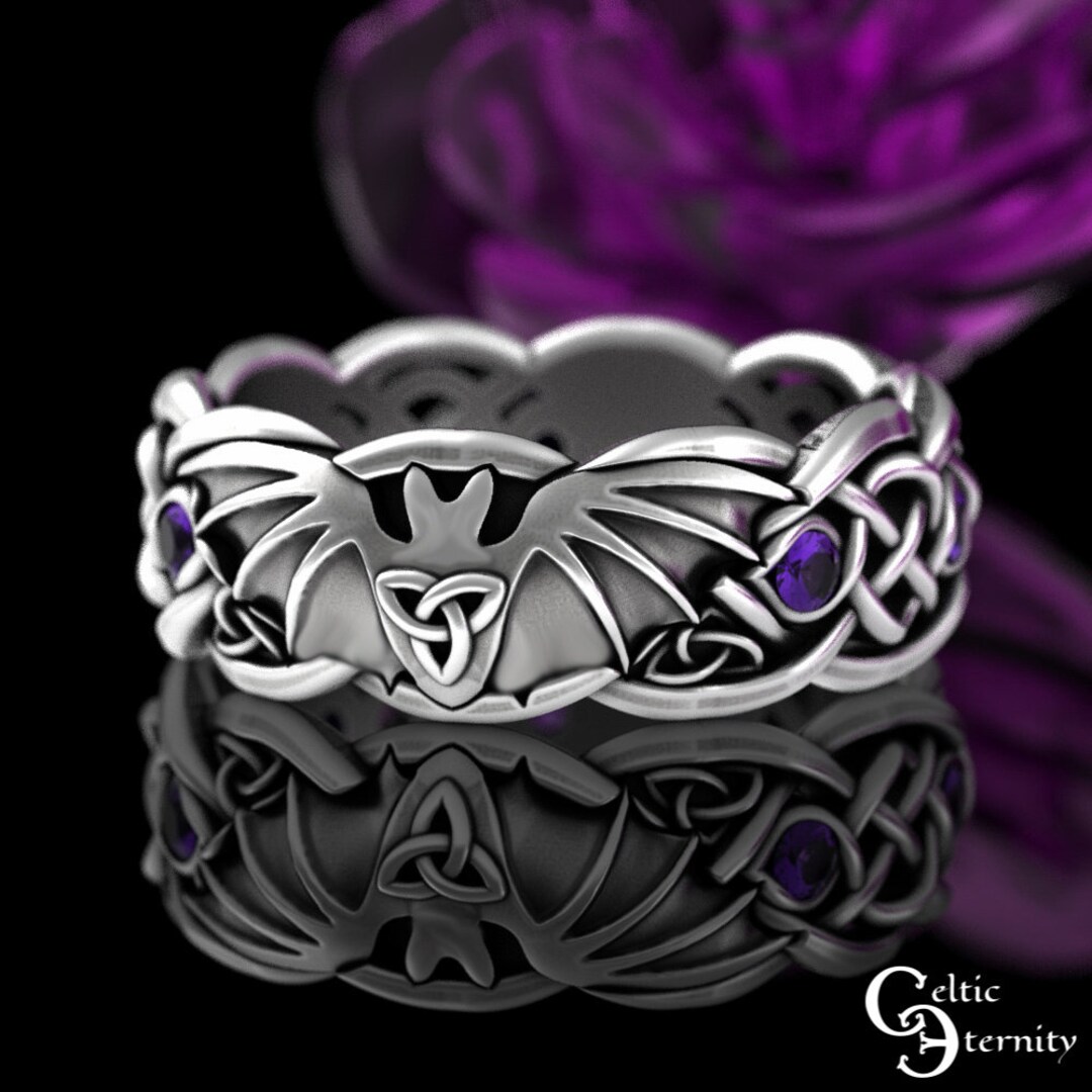 Amethyst Bat Ring, Sterling Vampire Bat, Halloween Ring, Flying Fox Celtic Ring, Silver Spooky ...