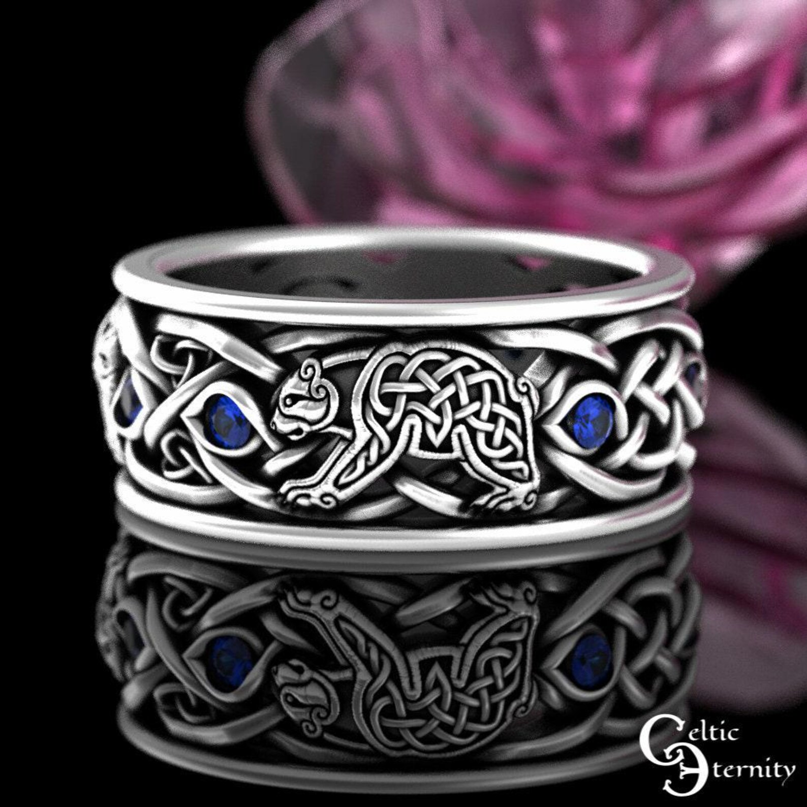 Norse Bear Ring, Sapphire & Sterling Mens Celtic Bear Wedding Band ...