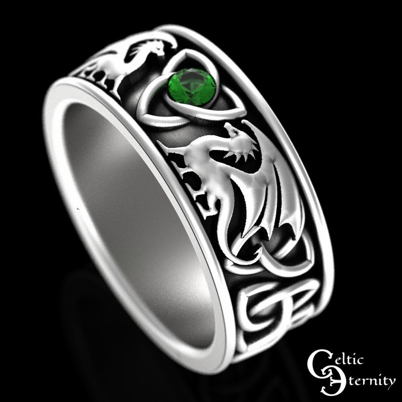 Emerald Dragon Ring Celtic Dragon Wedding Band Sterling Mens - Etsy