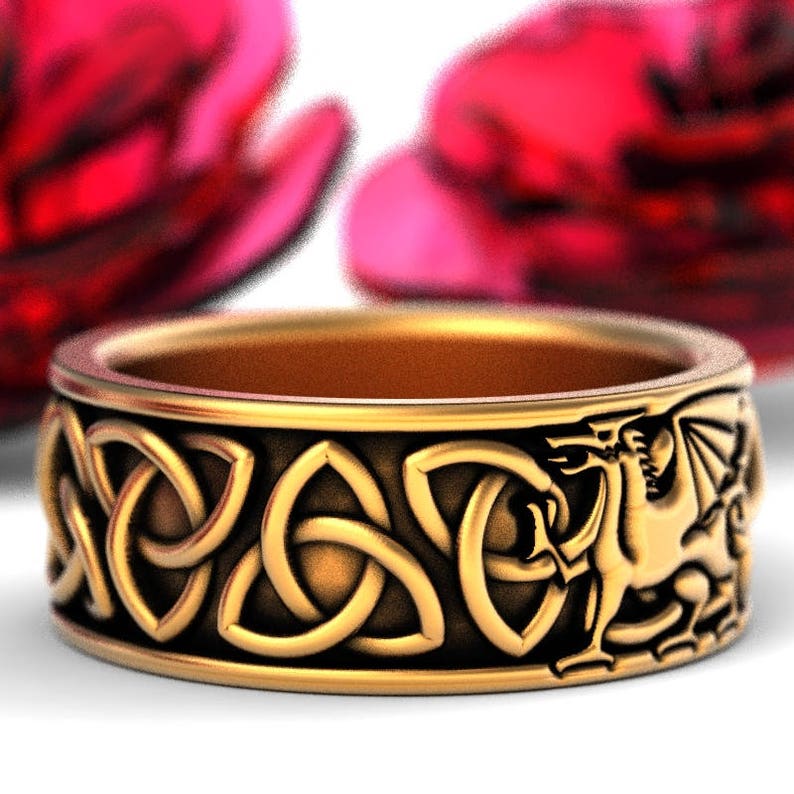 Welsh Dragon Ring Gold Dragon Ring Mens Wedding Band Celtic | Etsy