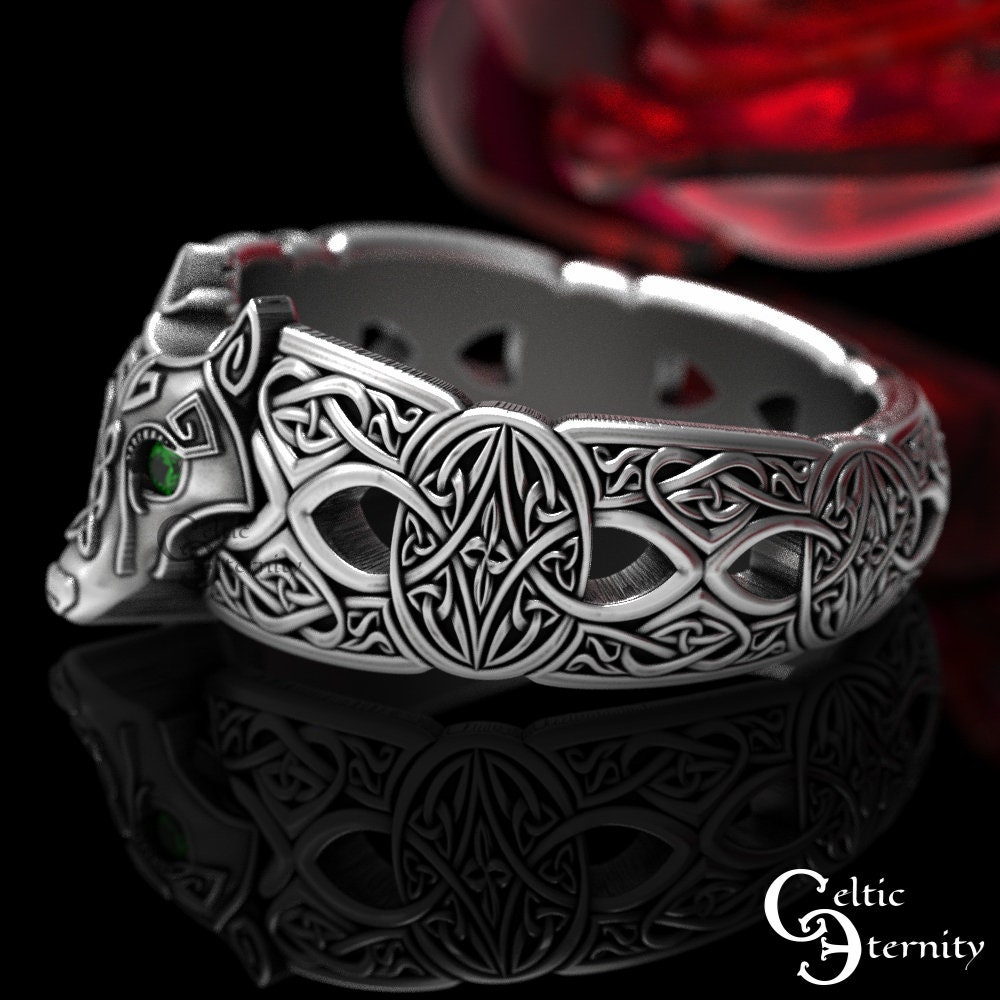 Celtic Wolf Ring, Emerald Eye Wolf Ring, Sterling Wolf Ring, Wolf ...