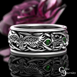 Matching Emerald Raven Wolf Ring Set, His Hers Sterling Celtic Matching ...