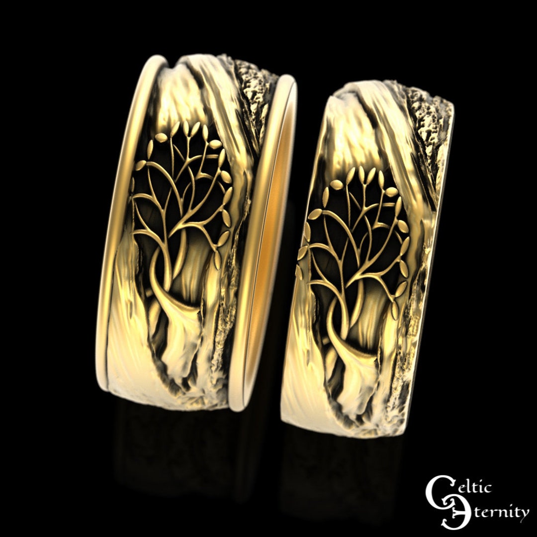 Gold or Platinum Tree of Life Wedding Ring Set, Couples Nature ...