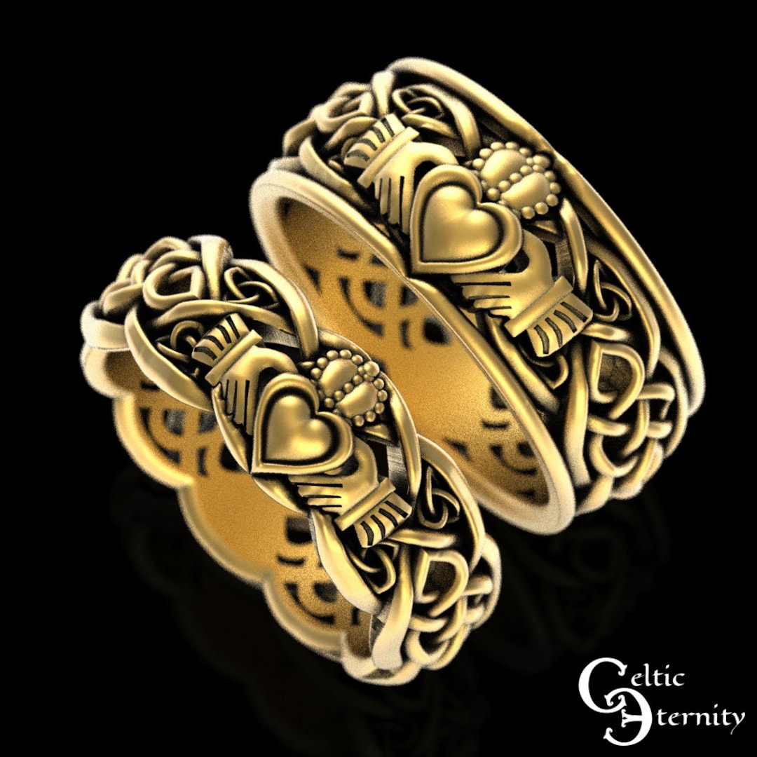 Gold Matching Claddagh Wedding Ring Set, 10K 14K Claddagh Wedding Bands ...