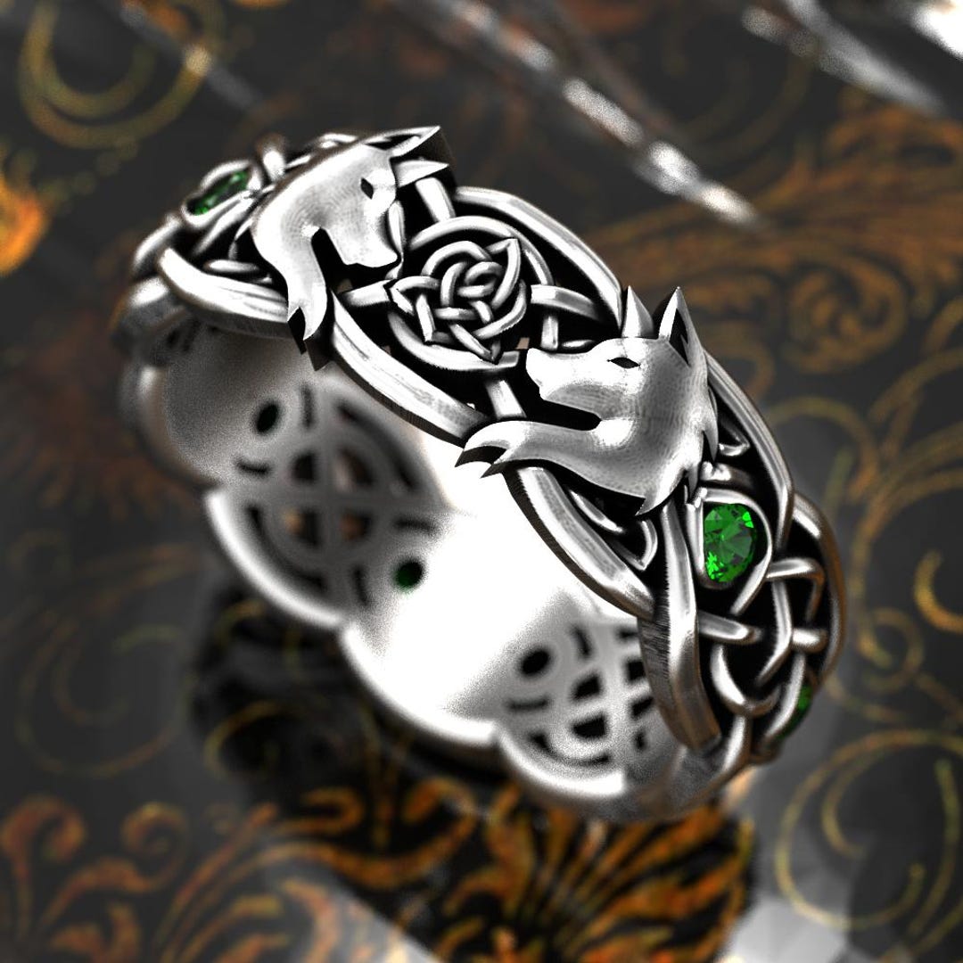 Emerald Wolves Wedding Band, Sterling Celtic Wolf Ring, Womens Wolf ...