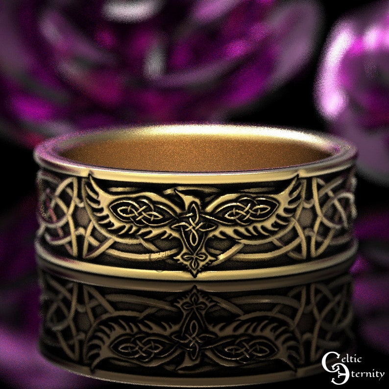 Gold Celtic Raven Ring Raven Wedding Band Mens Wedding Band | Etsy
