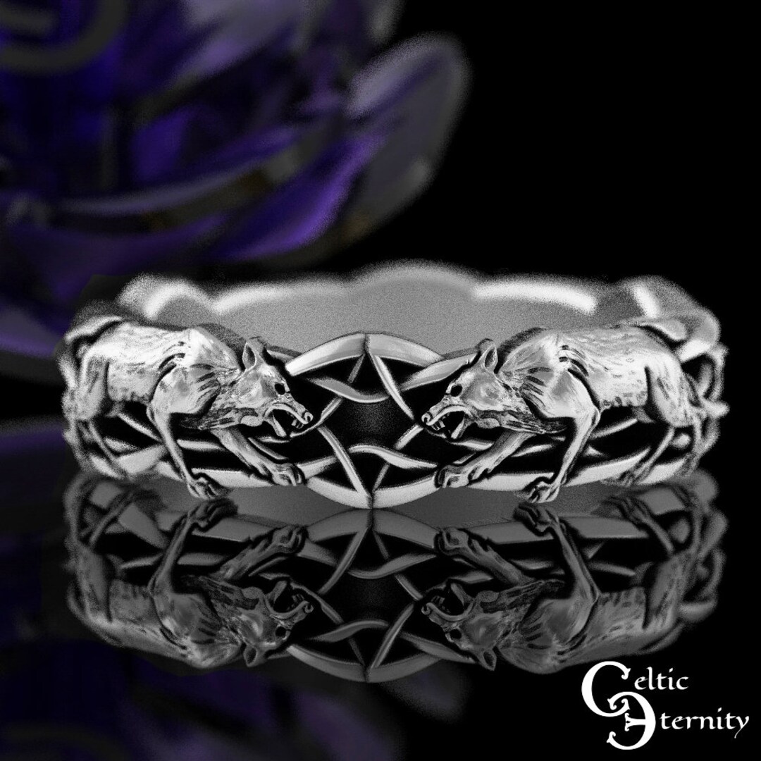 Sterling Silver Twin Dire Wolf Ring, Viking Warg Band, Nordic Wolf Ring ...