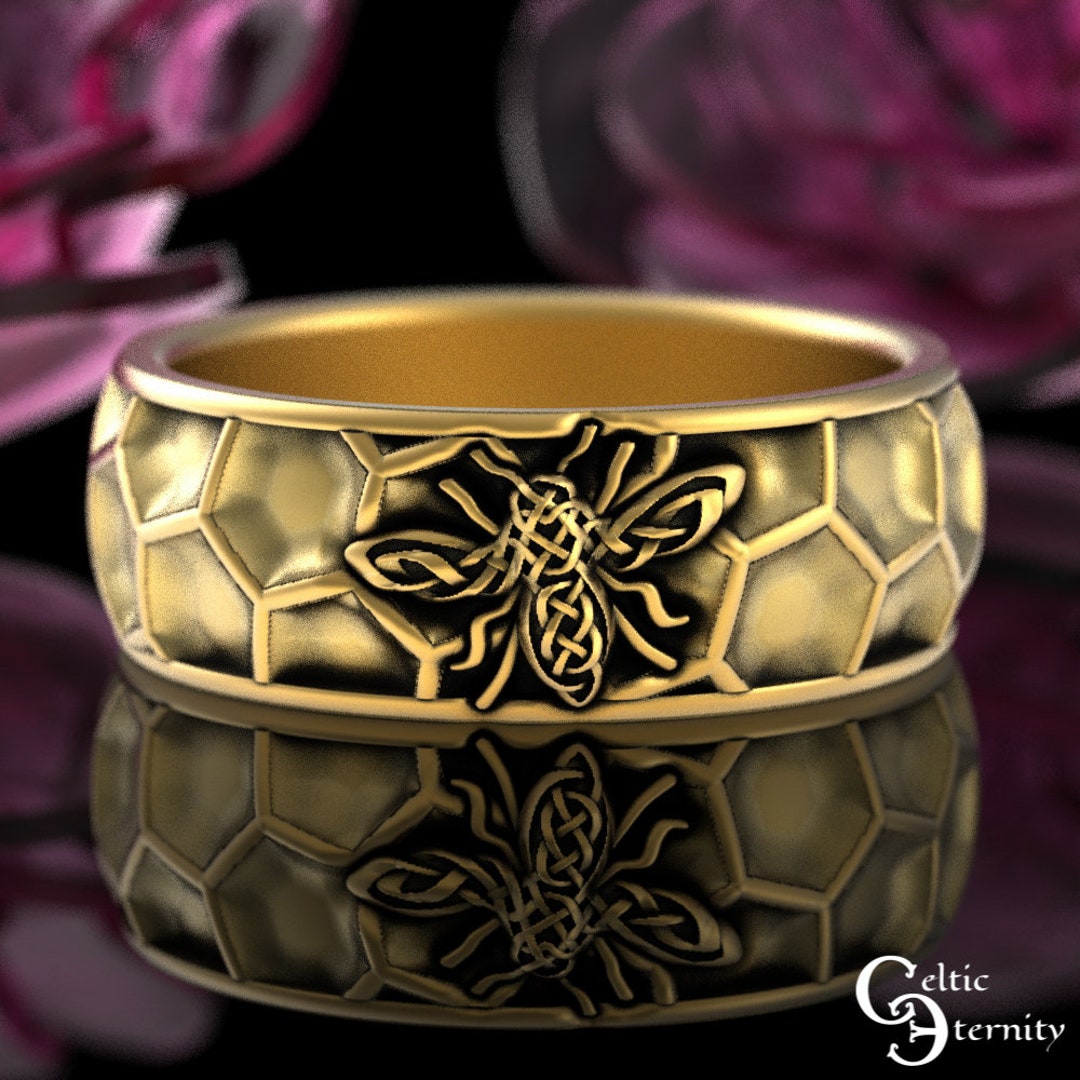 10K Gold Bee Ring, 14K Queen Bee Ring, Honeycomb Wedding Band, White ...