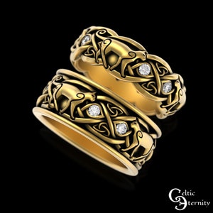 10K 14K Gold Cat Matching Wedding Bands, White Gold Feline His Hers ...