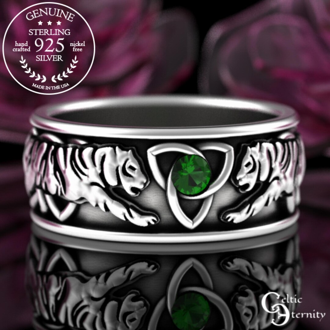 Sterling Tiger Ring, Mens Tiger Wedding Ring, Emerald Tiger Jewelry ...