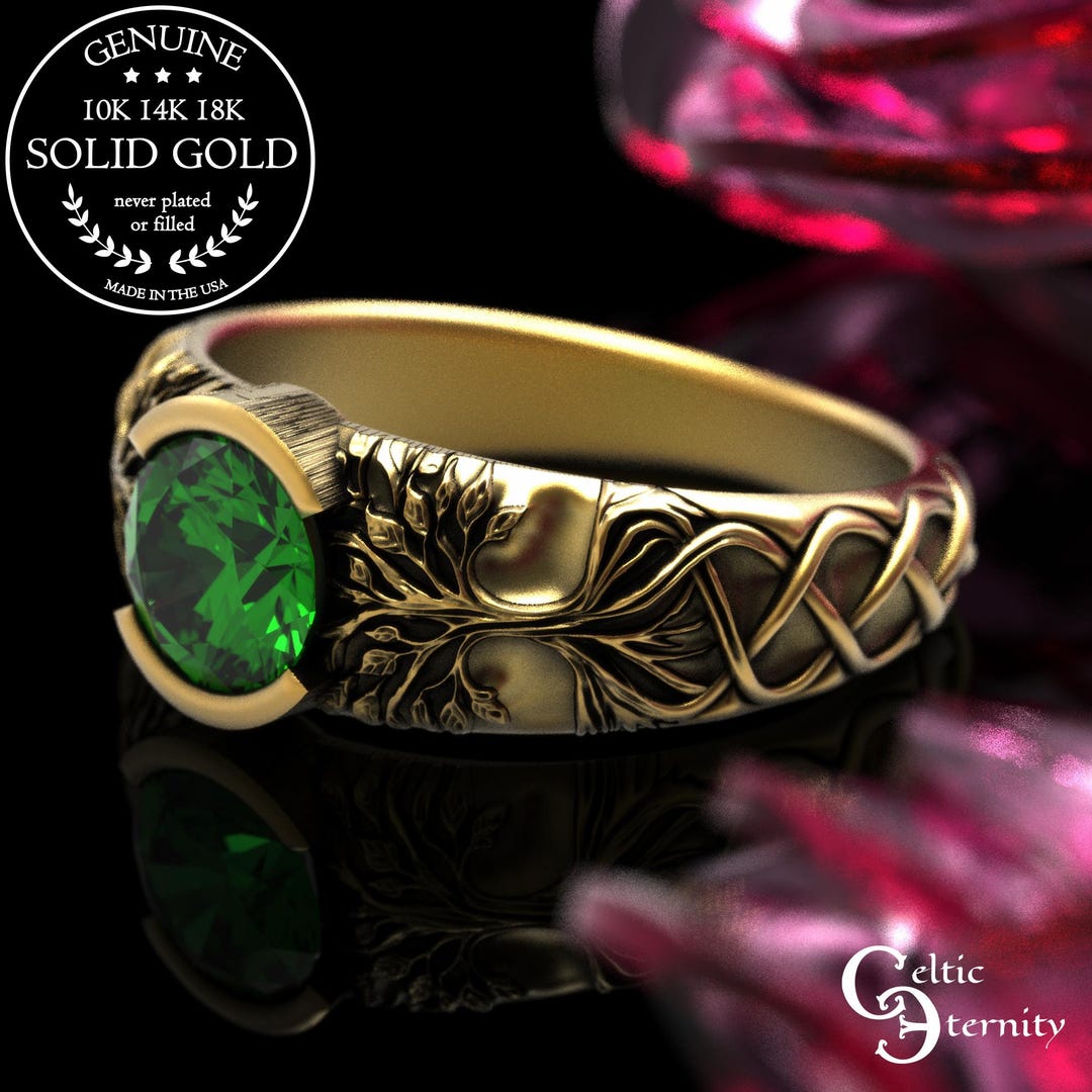 Gold & Emerald Tree Anniversary Ring, 10K Tree of Life Engagement, 14K ...
