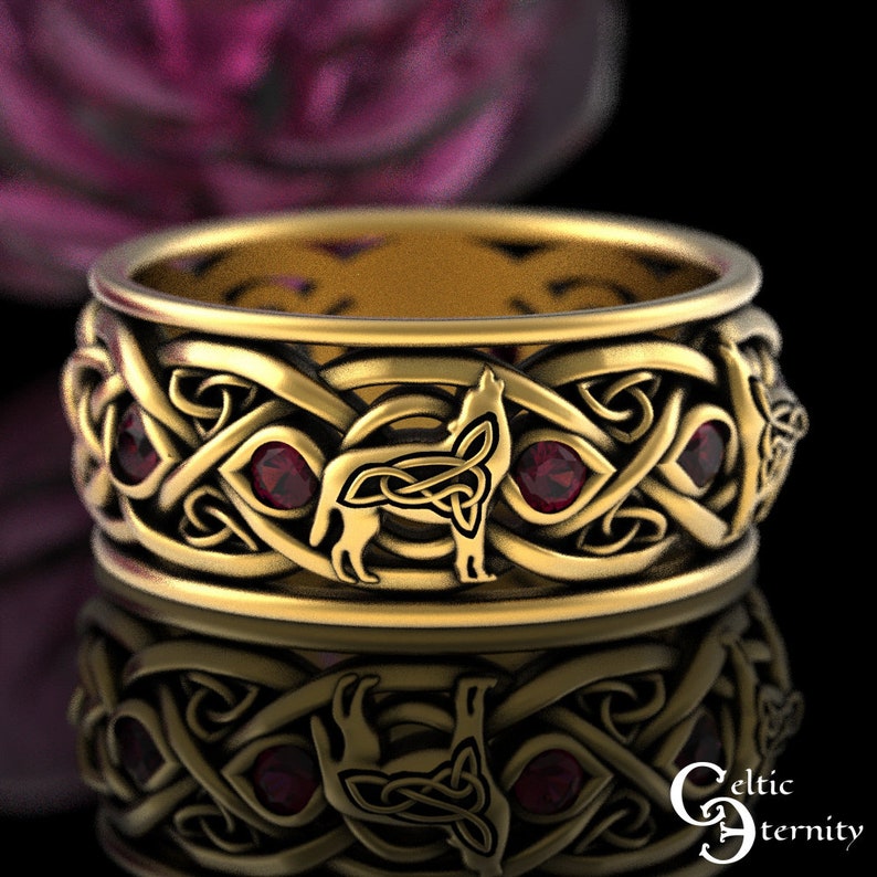 Howling Wolf Ring, Gold & Ruby Wolf Wedding Band, Mens Gold Wolf ...