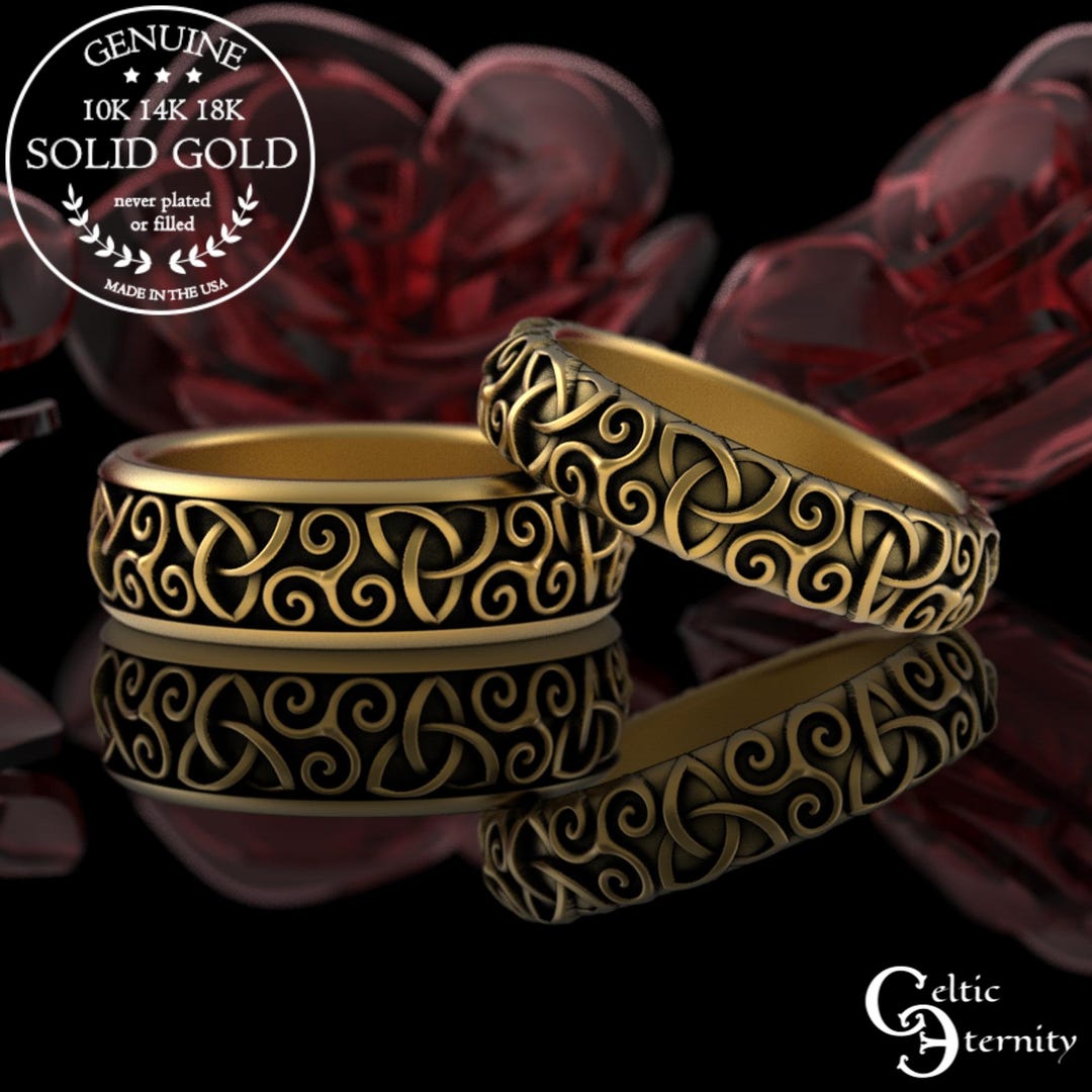 Gold Matching Triskelion Rings, 10K 14K Trinity Spiral Wedding Band Set ...