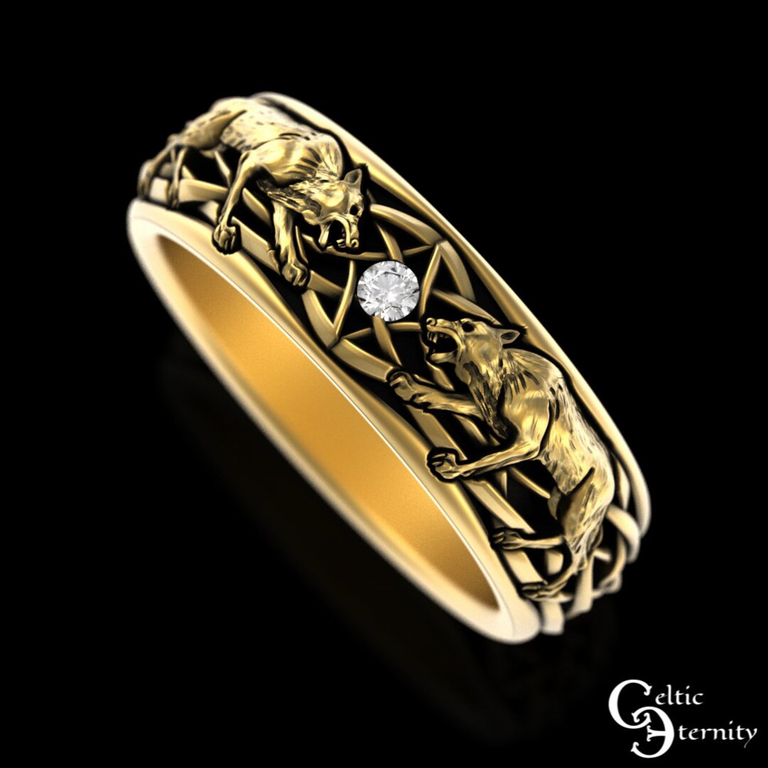 Mens Gold Wolf Ring, Moissanite Celtic Wolf Wedding Band, 14K Scottish ...