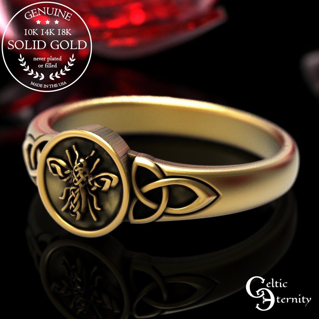 10K Gold Queen Bee Signet Ring, 14K White Gold Beekeeper Ring, 18K ...