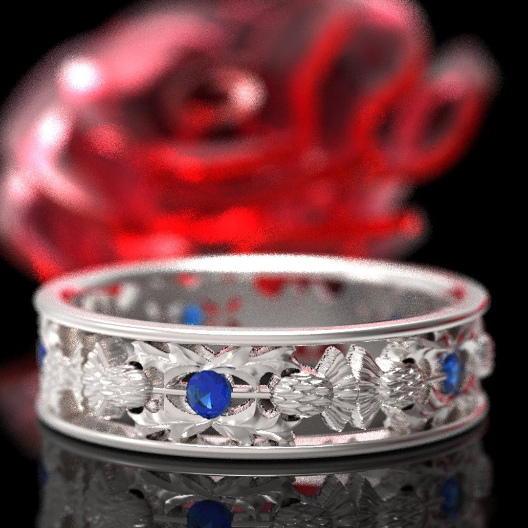 Platinum Thistle Ring With Sapphires Scottish Ring Unique - Etsy