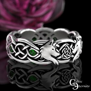 Emerald Wolves Wedding Band Sterling Celtic Wolf Ring Womens - Etsy