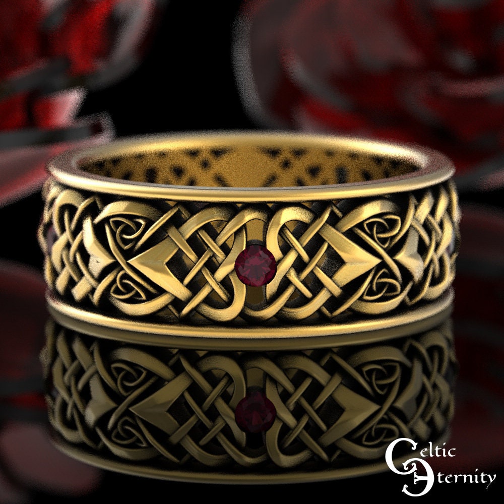 Ruby 10K Ring, Mens Celtic Wedding Band, Ruby Celtic Mens Ring, Gold ...