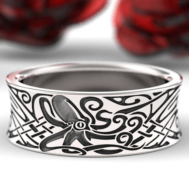 Sterling Silver Octopus Ring Engraved Wedding Band Octopus | Etsy