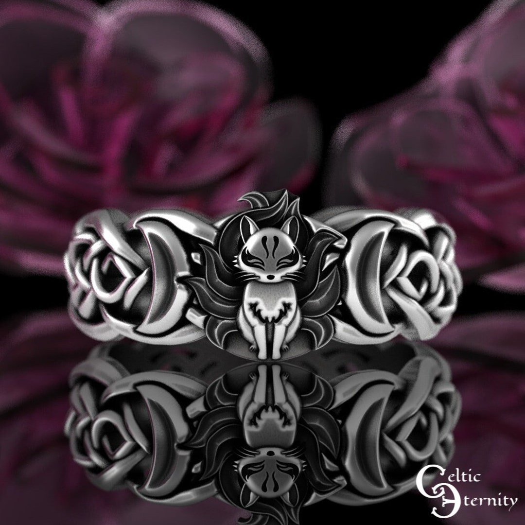 Nine Tailed Fox & Crescent Moons Ring, Sterling Kitsune Wedding Ring ...