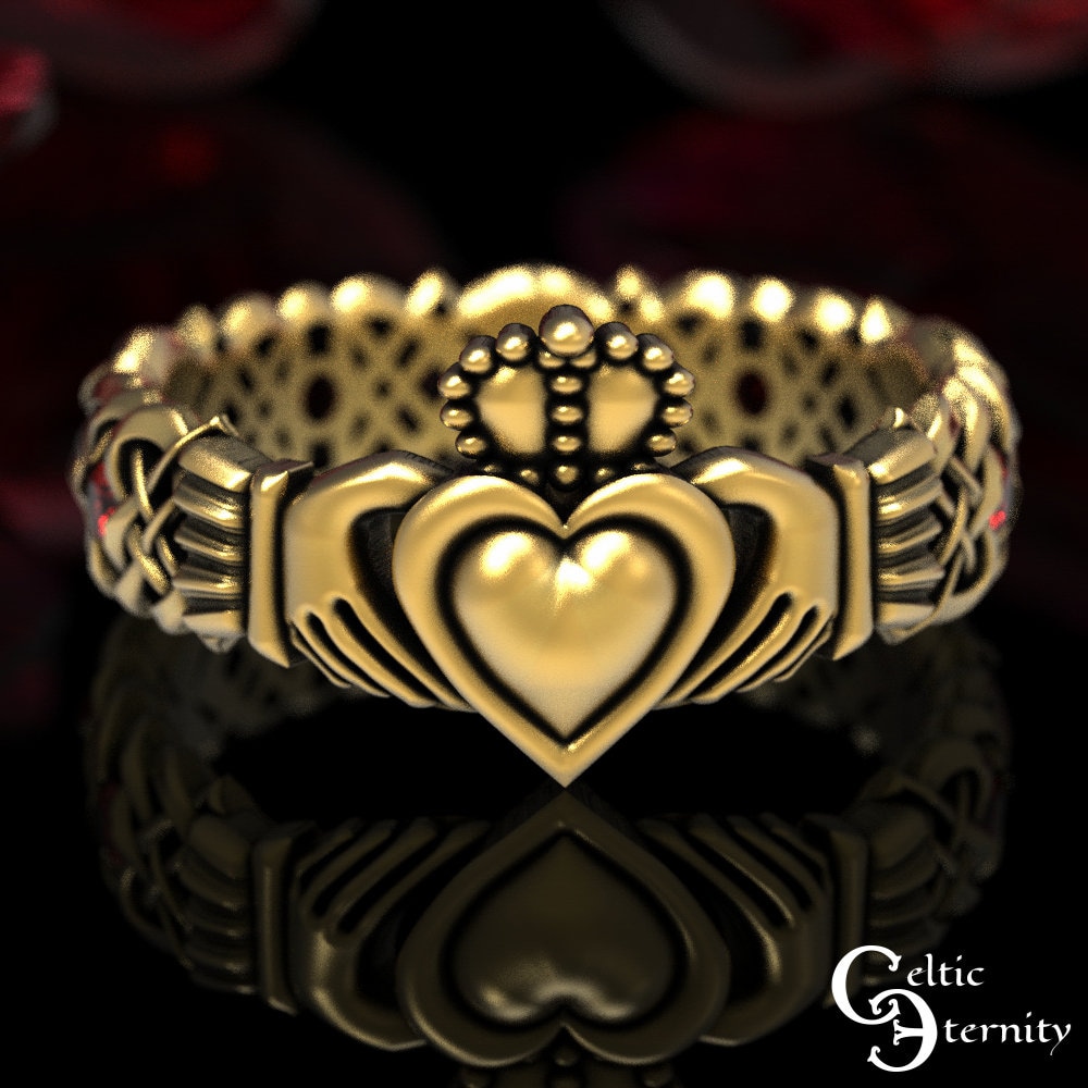 Gold Claddagh Ring, Ruby Heart Wedding Ring, Celtic Gold Wedding Band ...