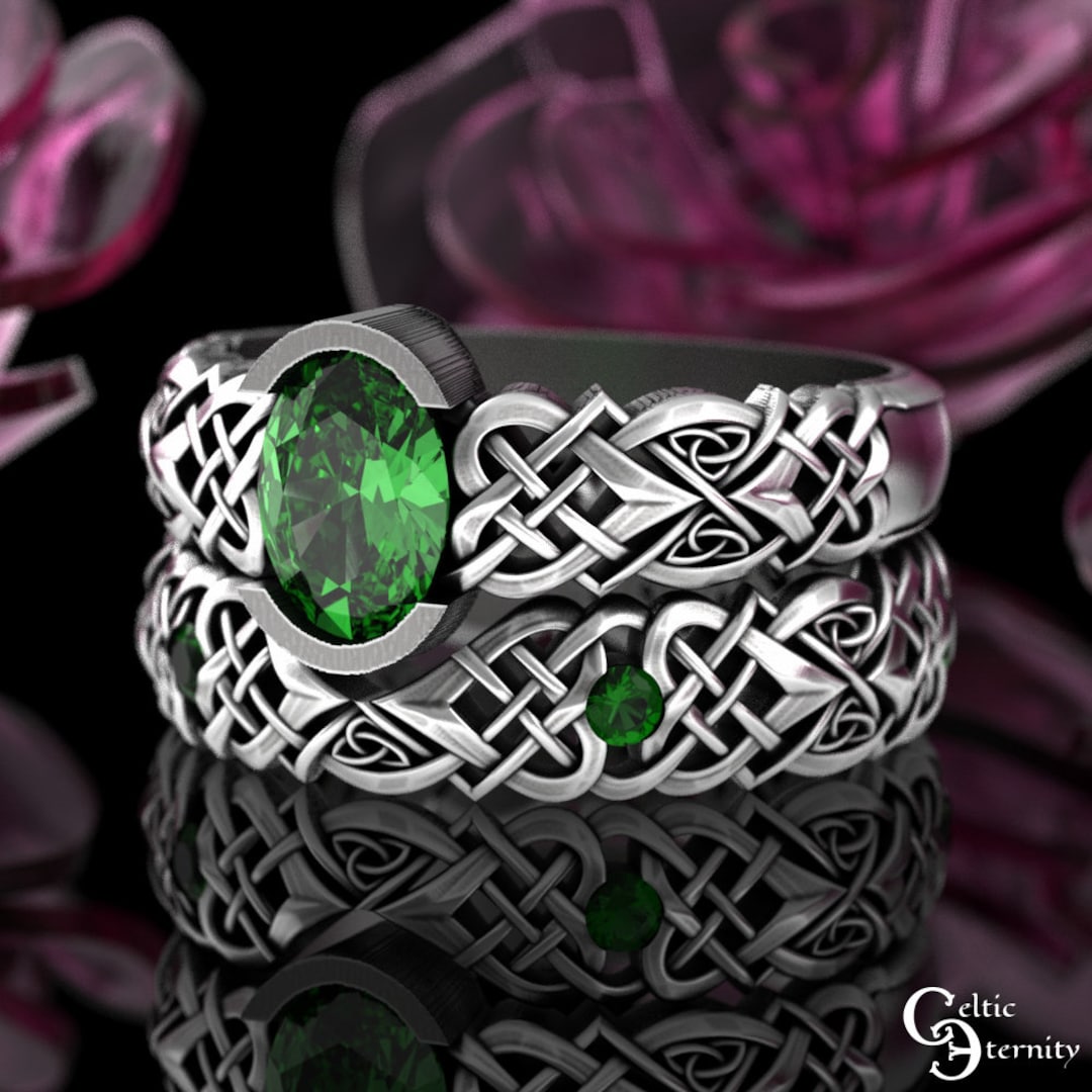 Celtic Emerald Bridal Ring Set, Sterling Matching Pair Wedding Band ...