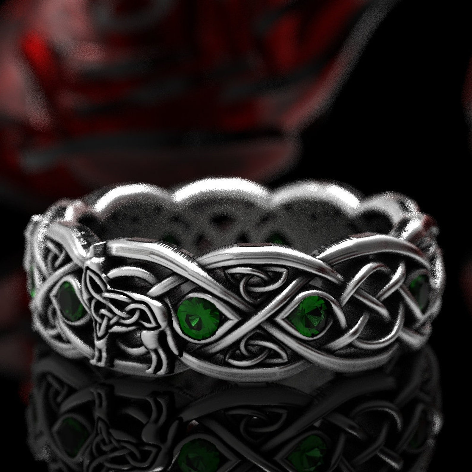 Celtic Wolf Ring Sterling Silver & Emerald Wedding Band Wolf - Etsy