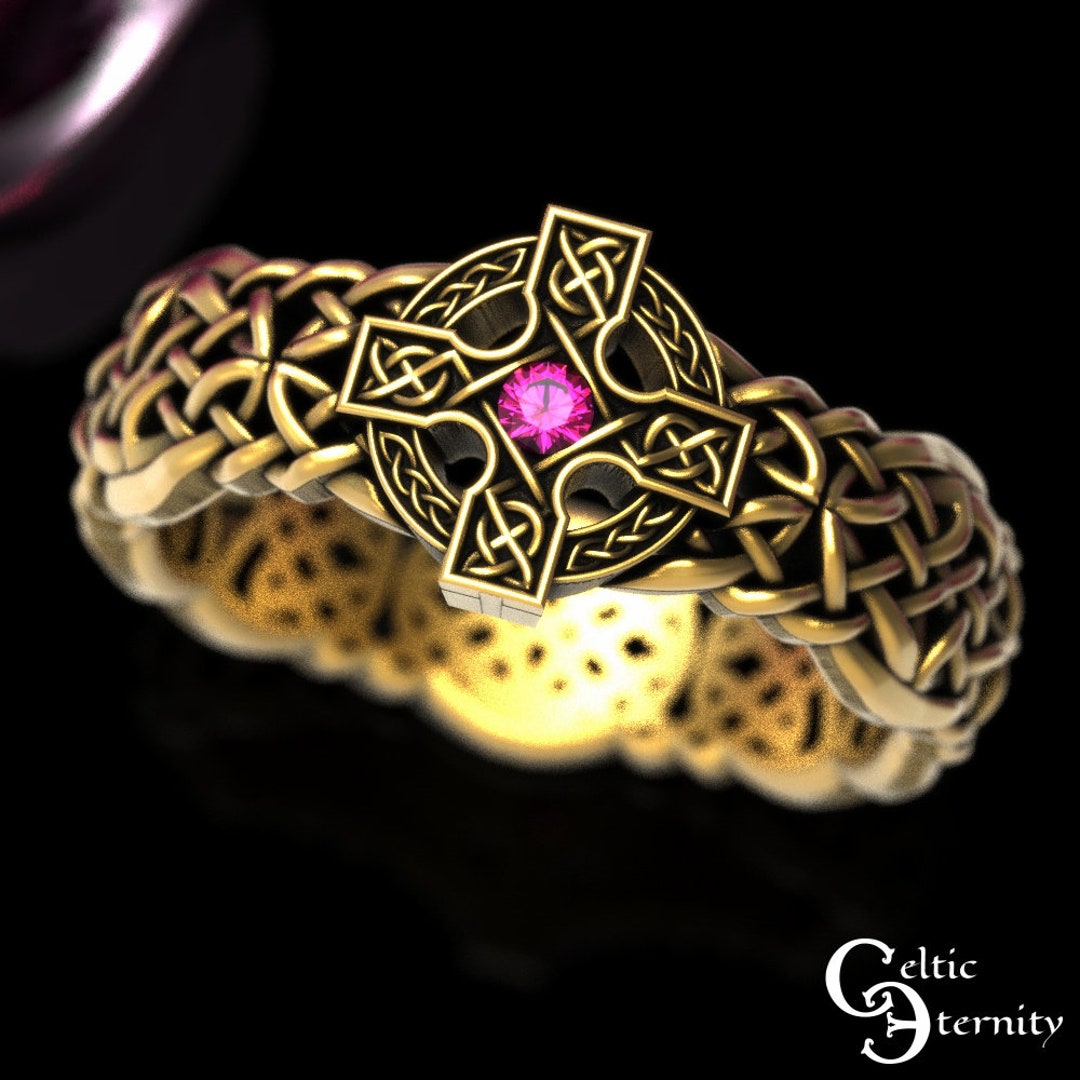 10K Cross Ring, 10K Ruby Cross Ring, Mens Gold Cross Wedding Ring, Gold ...