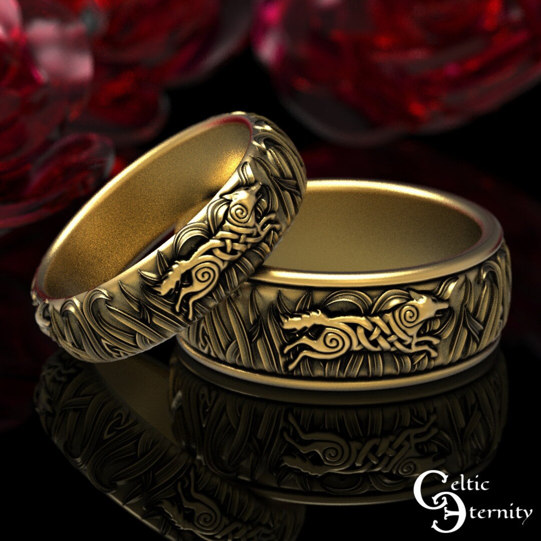 Matching Wolf Rings 10K Celtic Wolf Ring Set Gold Celtic - Etsy