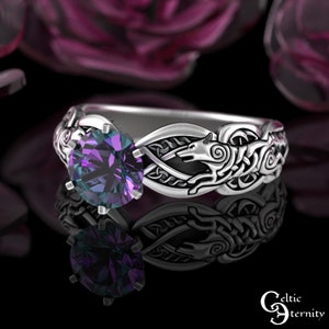 Alexandrite Wolf Engagement Ring, Sterling Viking Wolves Solitaire, Womens Celtic Knotwork ...