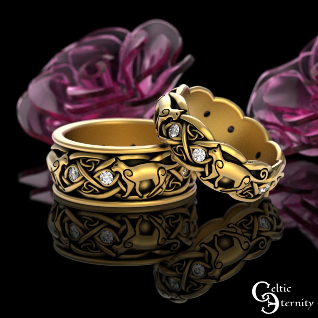10K 14K Gold Cat Matching Wedding Bands, White Gold Feline His Hers ...
