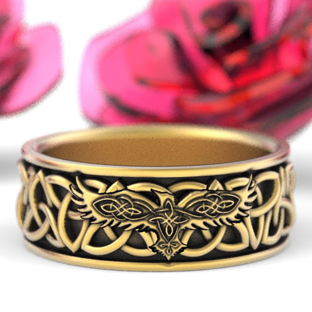 Gold or Platinum Triquetra Raven Ring, Mens Celtic Corvid Wedding Band ...