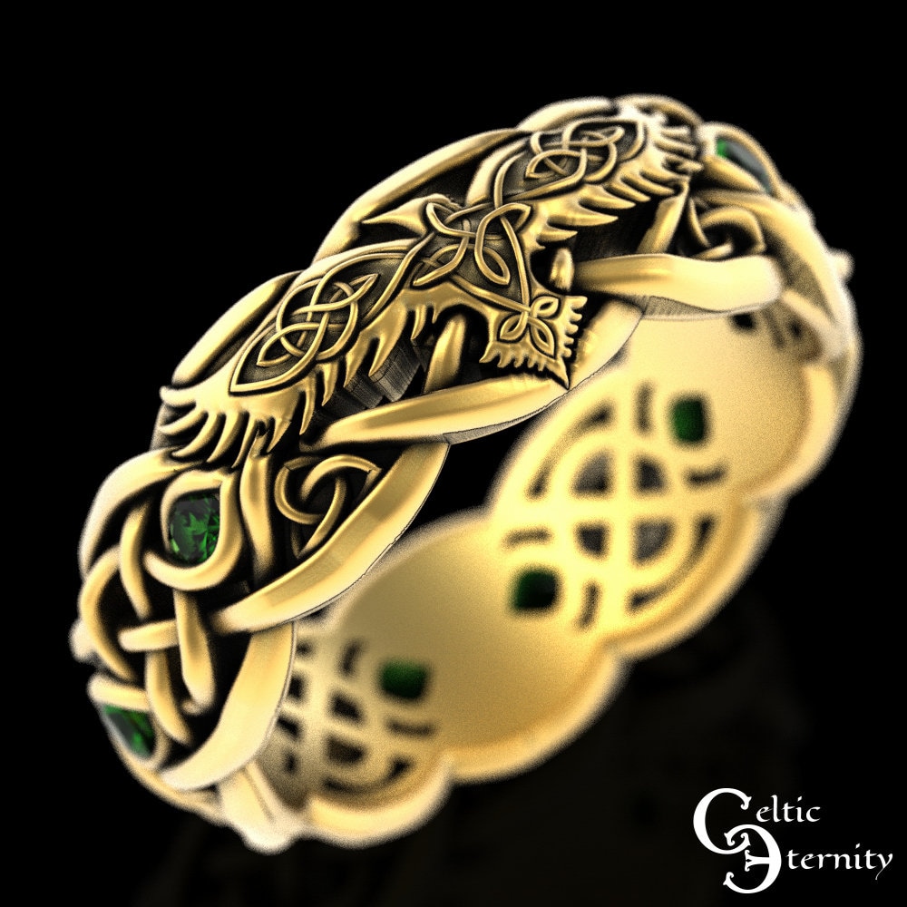Womens Raven Wedding Band, 10K Gold Raven Ring, Emerald Gold Wedding ...