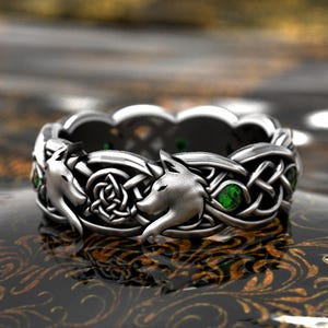 Emerald Wolves Wedding Band, Sterling Celtic Wolf Ring, Womens Wolf ...