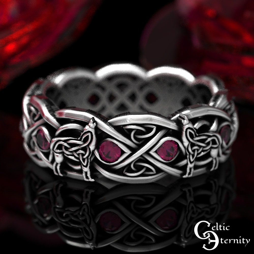Ruby Wolf Wedding Ring, Sterling Silver Celtic Wolf Ring, Wolf Wedding ...