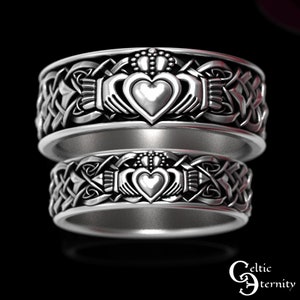 Gold Claddagh Matching Ring Set, 14K Irish Heart Ring Set, Gold ...