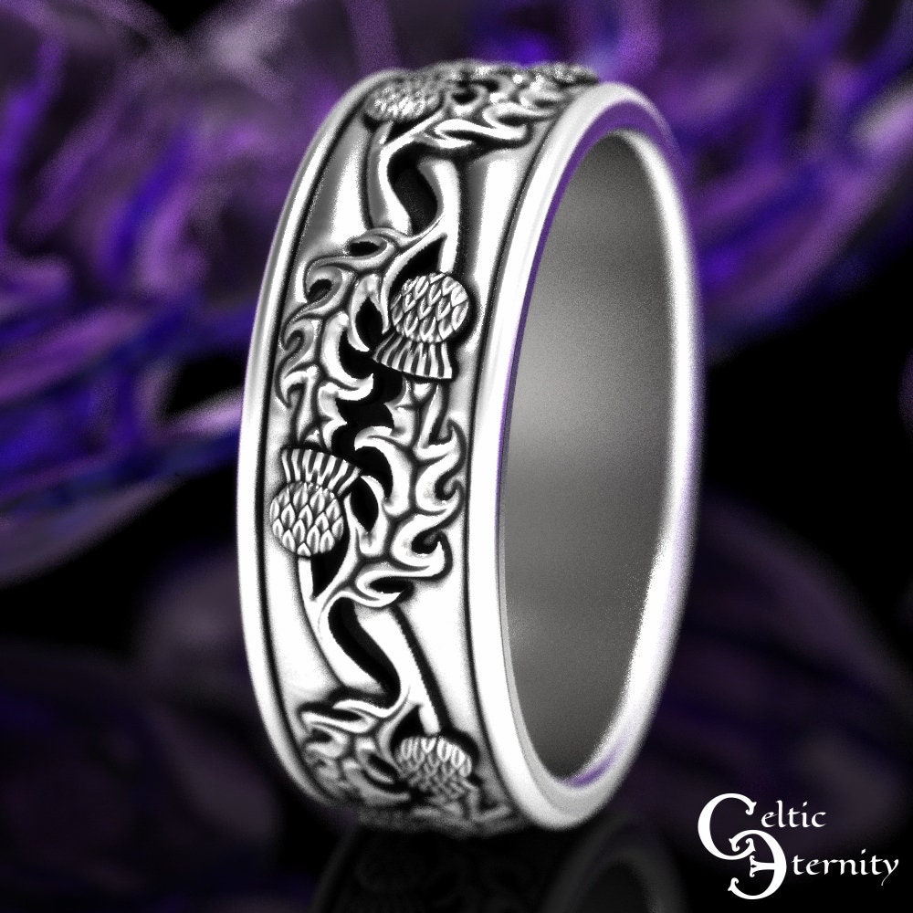 Mens Thistle Wedding Band, Sterling Thistle Wedding Ring, Mens Scottish ...
