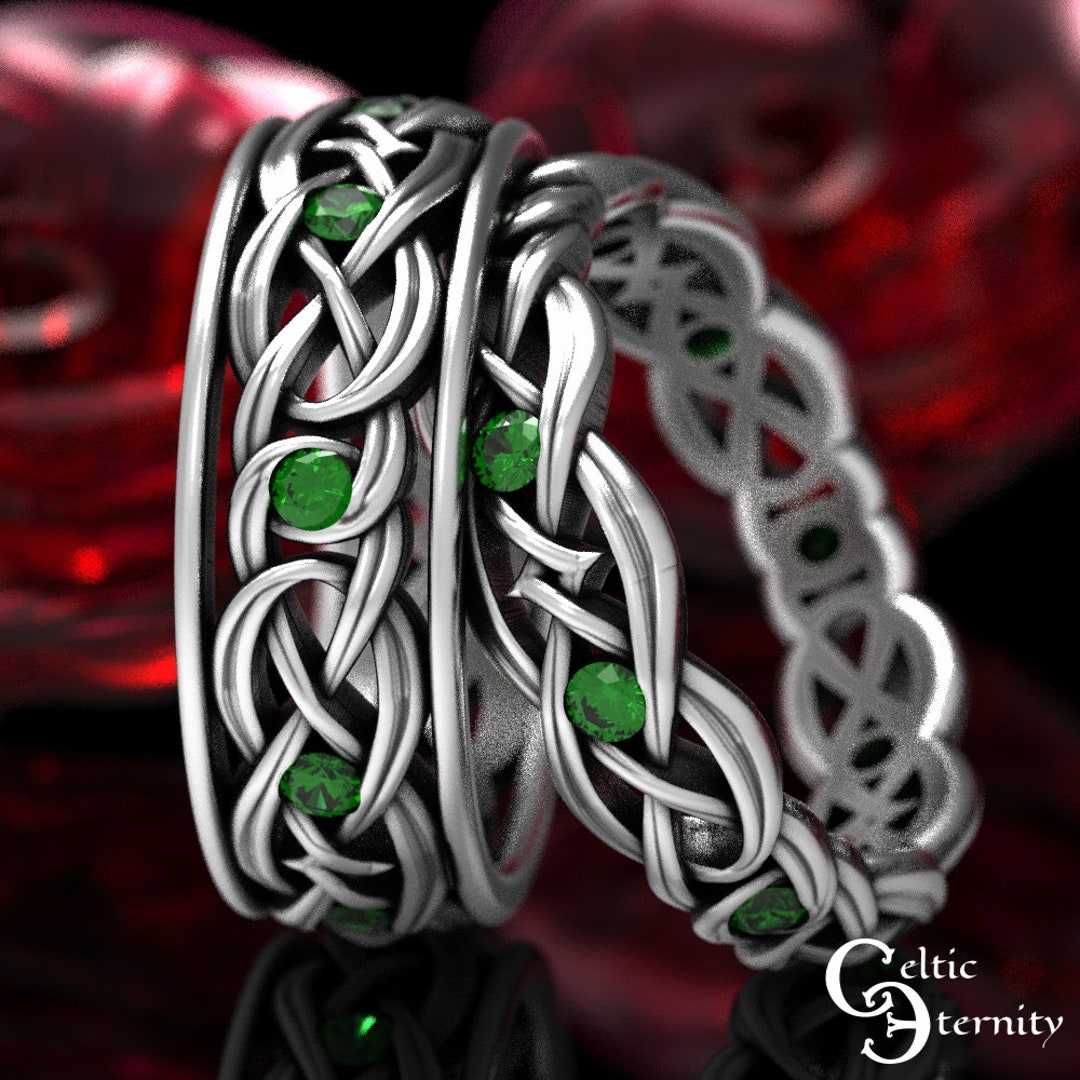 Matching Celtic Ring Set, Sterling Emerald Wedding Bands, Emerald ...