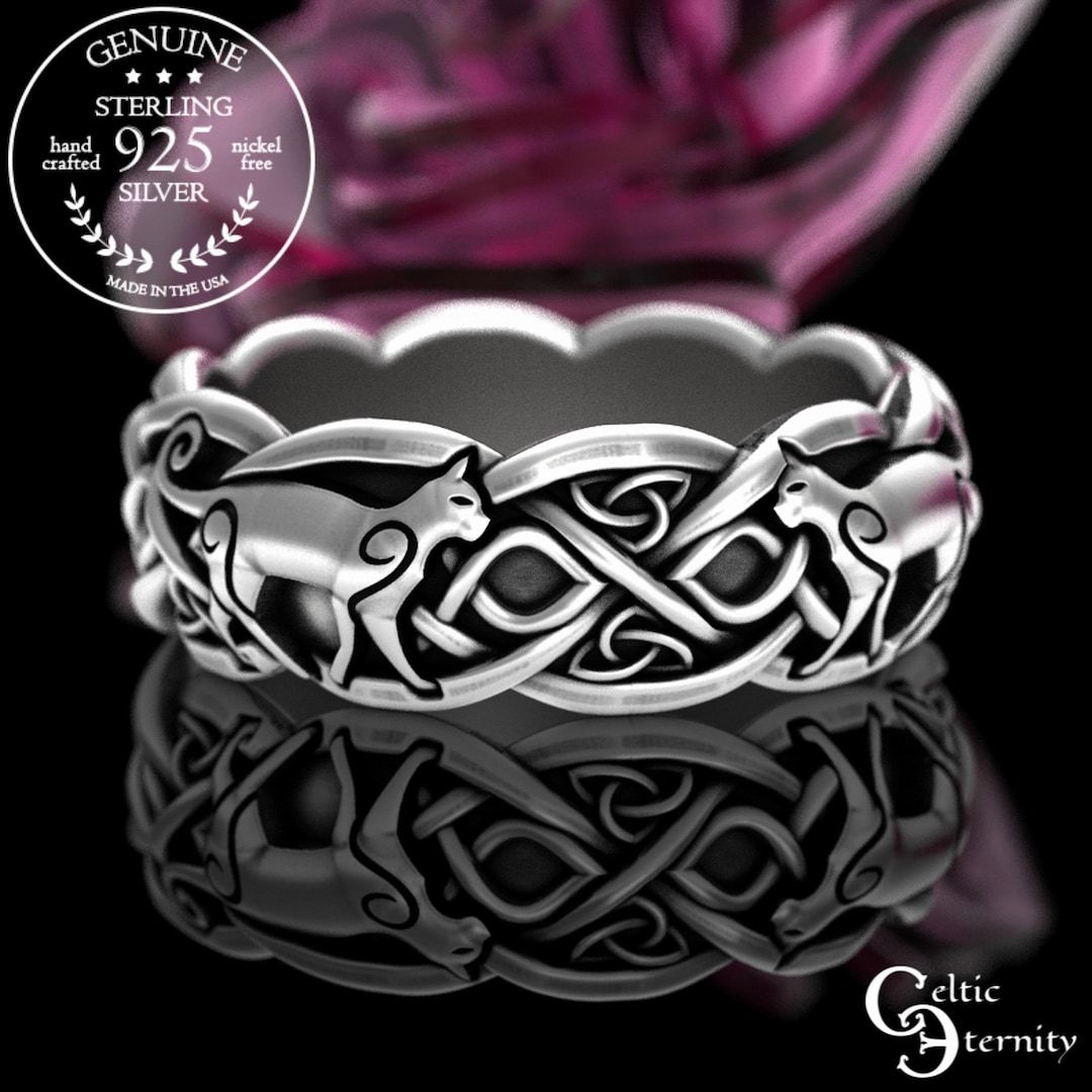 Sterling Silver Irish Cat, Swirl Cat Wedding Band, Celtic Cat Ring, Cat ...