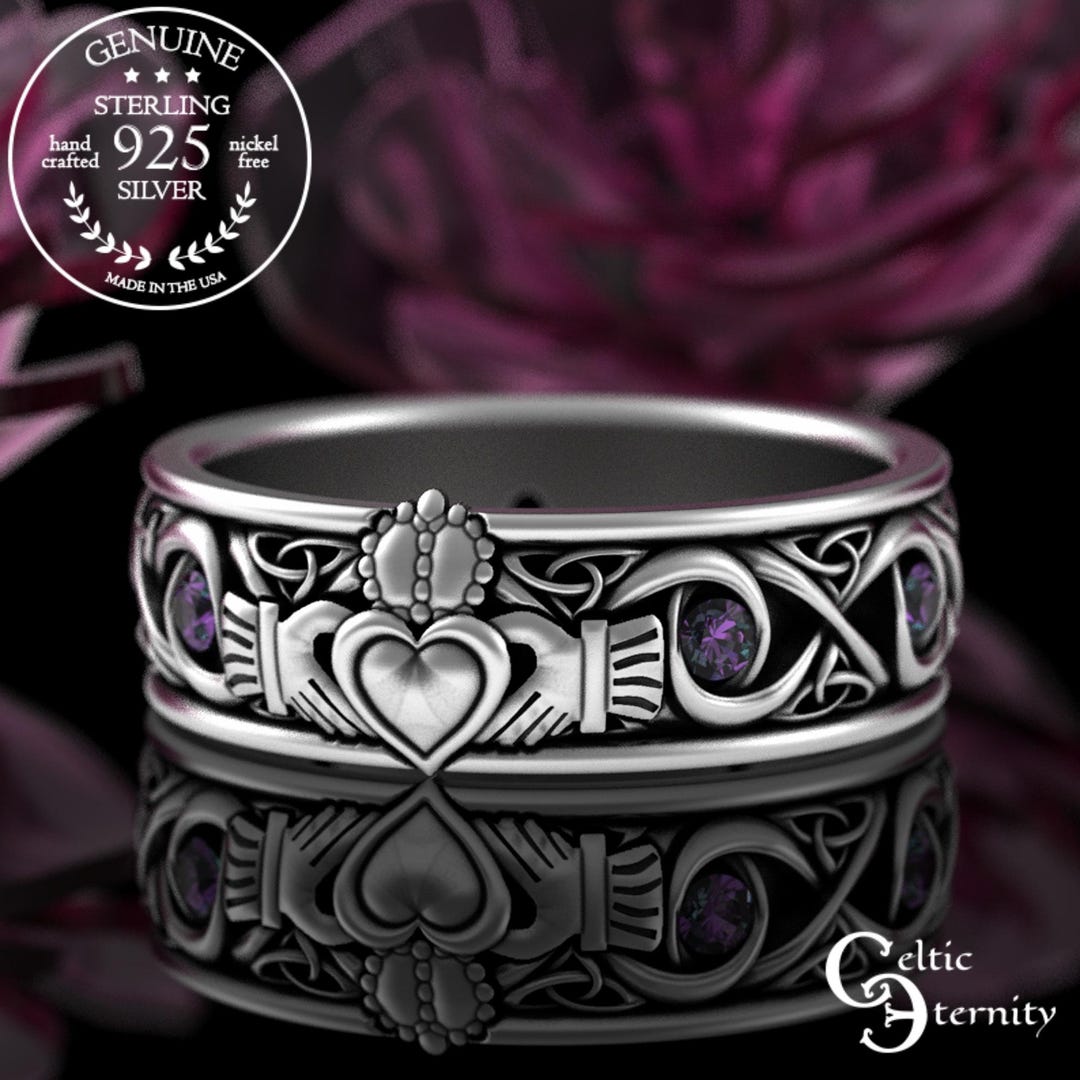 Men's Alexandrite Irish Claddagh Band, Sterling Gaelic Heart Marriage ...