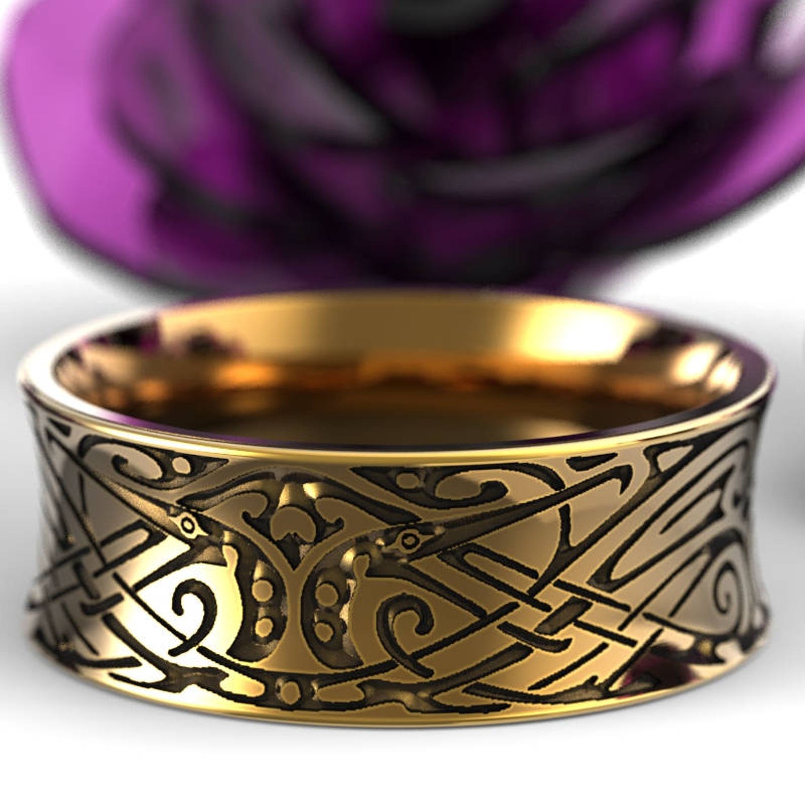 Gold Engraved Norse Ring Bird Wedding Ring Wide Viking Band - Etsy