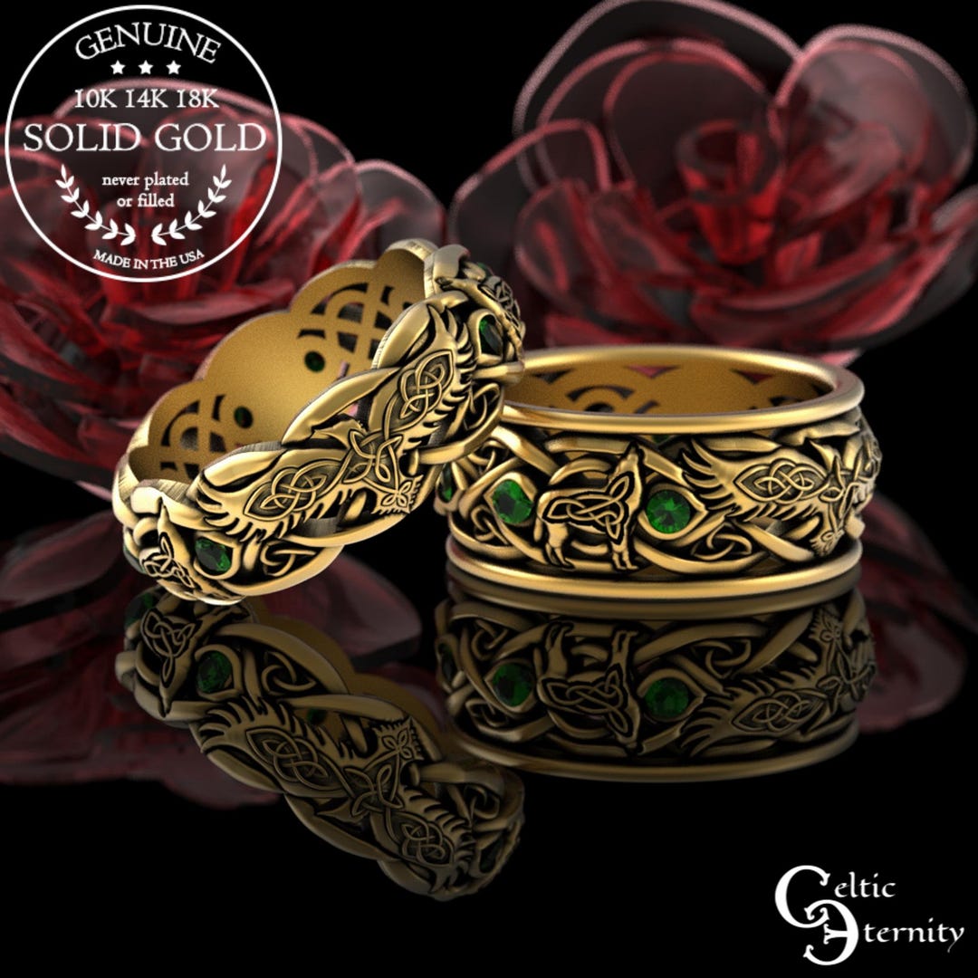 Matching Emerald Viking Raven Wolf Ring Set, His Hers Gold Celtic Ring ...