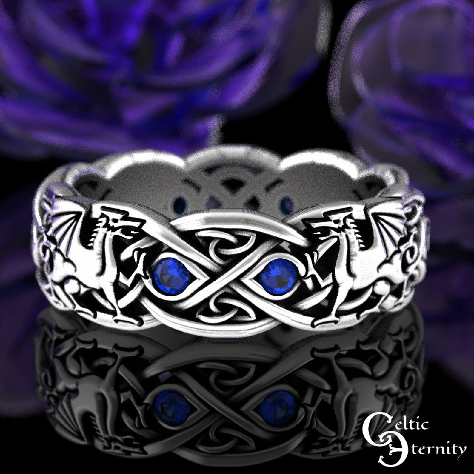 Sterling Double Dragon Ring With Sapphire, Sapphire Dragon Ring ...