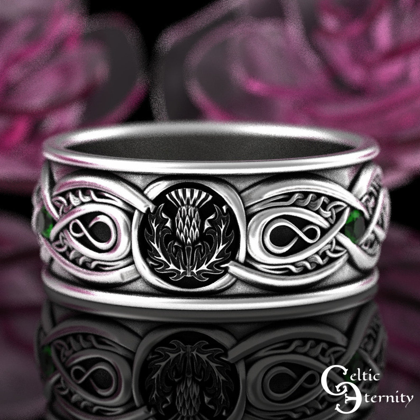 Emerald Thistle Wedding Ring, Sterling Mens Scottish Thistle Ring ...